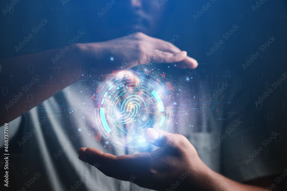 cyber security concept Businessman shows how to protect cyber ...