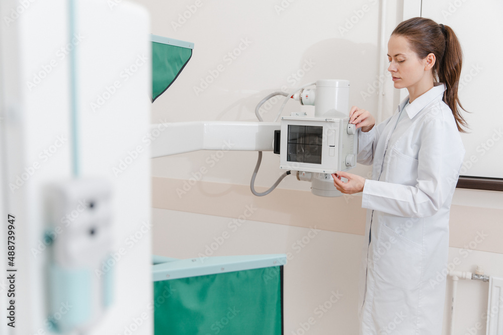 Hospital Radiology Room. Xray machine for fluorography. Doctor ...