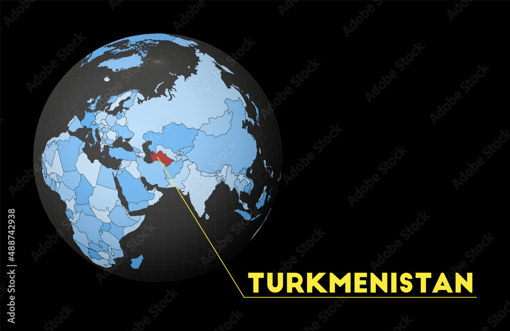 Turkmenistan on dark globe with blue world map. Red country highlighted ...