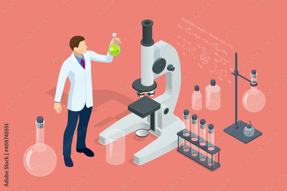 Isometric chemical laboratory concept. Laboratory assistants work in ...