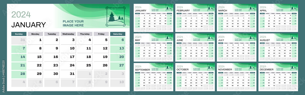 Set of 12 horizontal calendar pages for 2024 in green shades. Vector ...