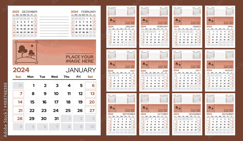 Set of 12 vertical calendar pages for 2024 with place for photo. Vector ...