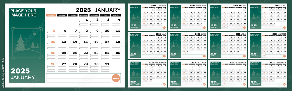 Set of 12 horizontal calendar pages for 2025 with place for photo ...