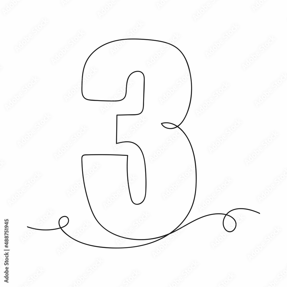 Continuous one simple single abstract line drawing of number three icon ...