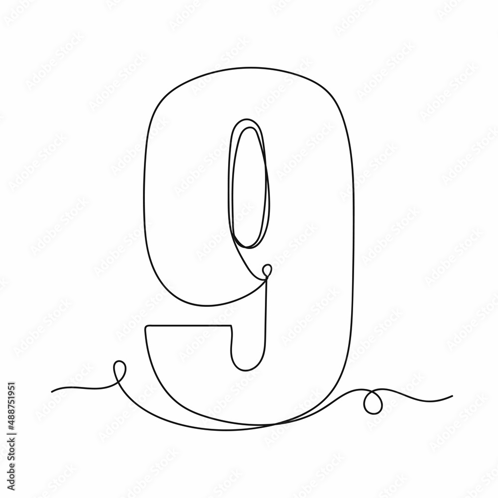 Continuous one simple single abstract line drawing of number nine icon ...