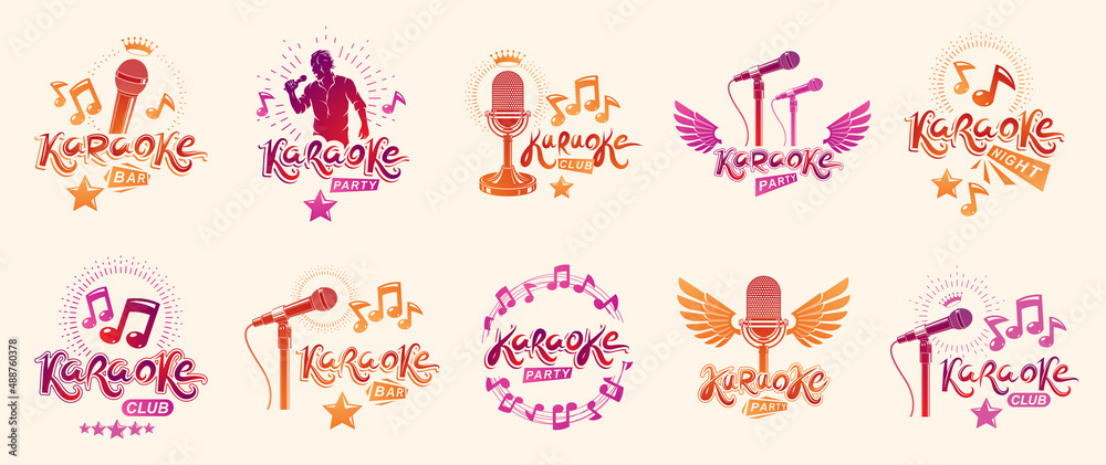 Karaoke party or club logos and emblems vector set isolated, singing ...