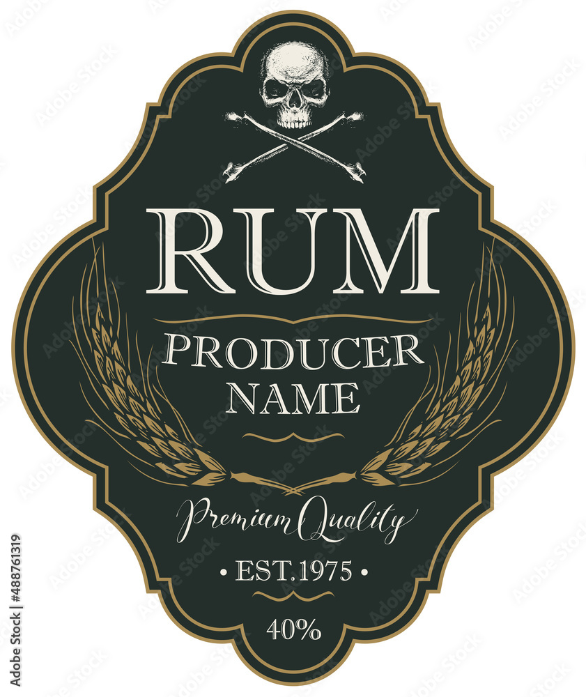 Black vector label for rum in retro style with a human skull ...