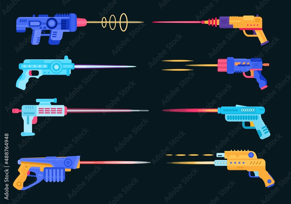 Cartoon alien space blasters shoot lasers and beams. Toy gun fight with ...