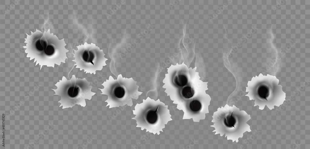 Metal holes from gun bullet shots with smoke effect. Realistic gunshot ...