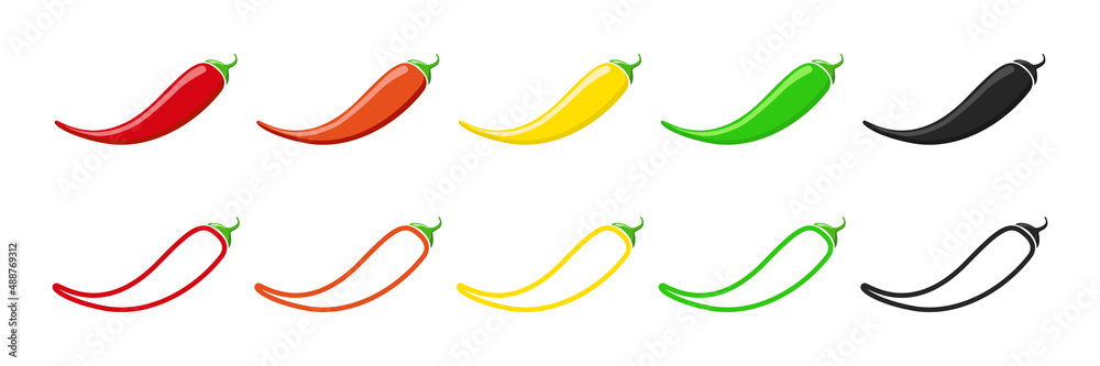 Chilli pepper meter icons. Outline of spicy, medium and low levels of ...