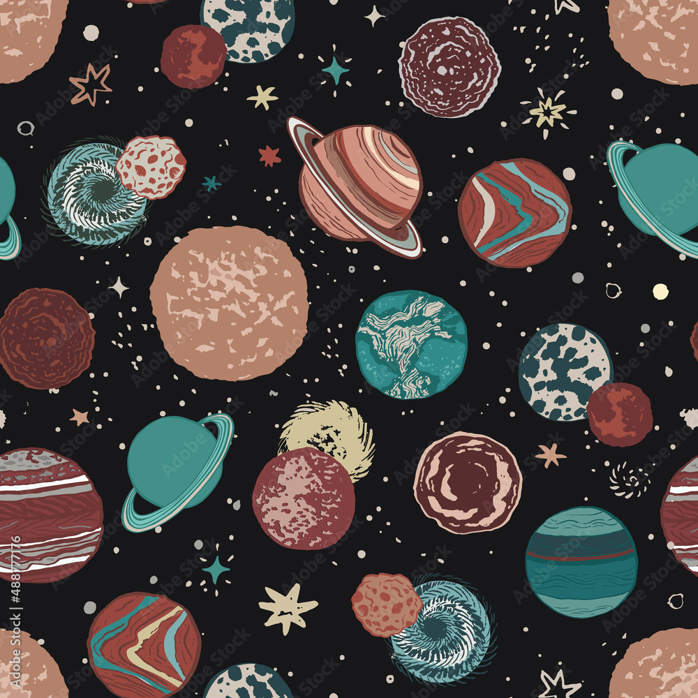 Space planets vector seamless pattern Stock Vector | Adobe Stock