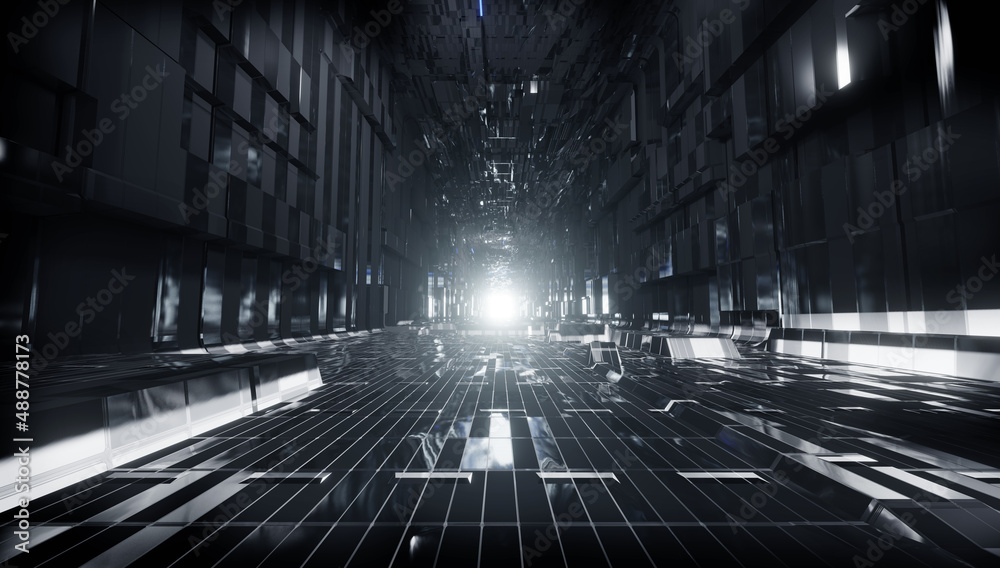 Reflective or chrome style futuristic sci-fi corridor or pathway ...