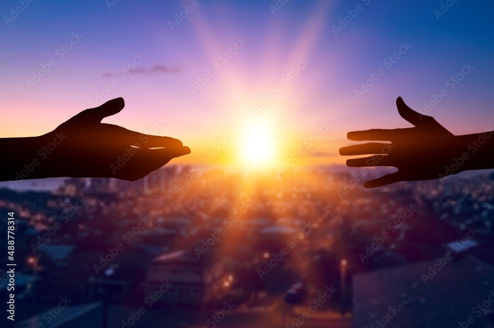 Human hand Asking help Concept. hands helping each other on Sunset ...