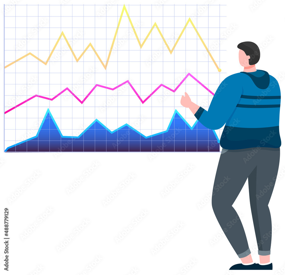 Man studies statistics on presentation. Male character working with ...