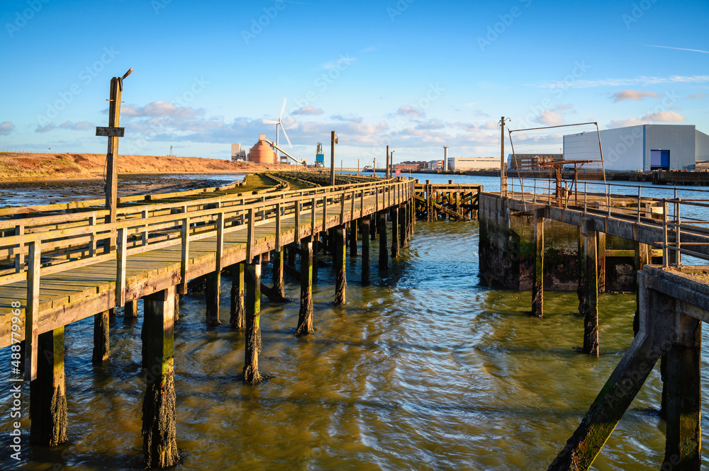 Coal Staithes in River Blyth Estuary, which are of traditional timber ...