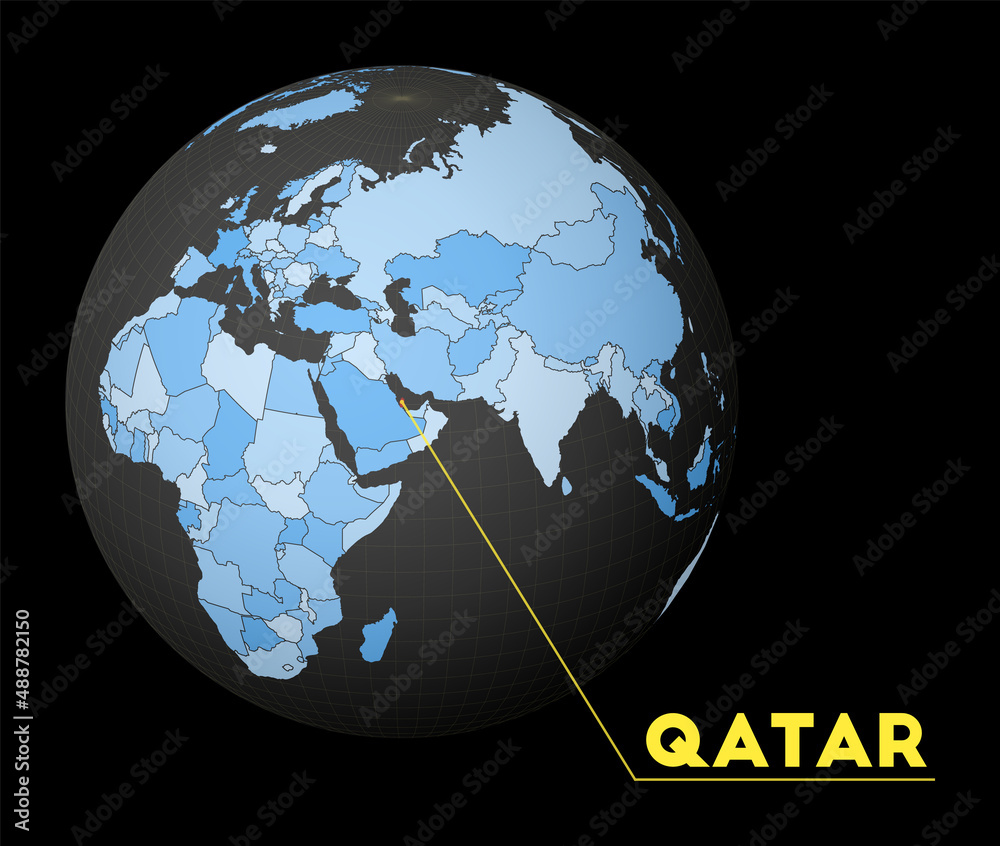 Qatar on dark globe with blue world map. Red country highlighted ...