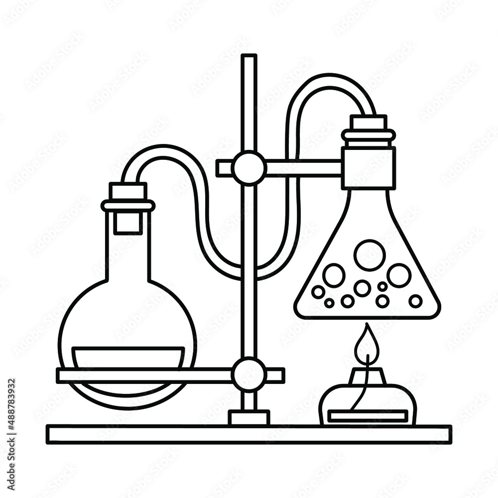 Flasks with liquid. Chemistry lesson. Test tubes. Coloring book. Black ...