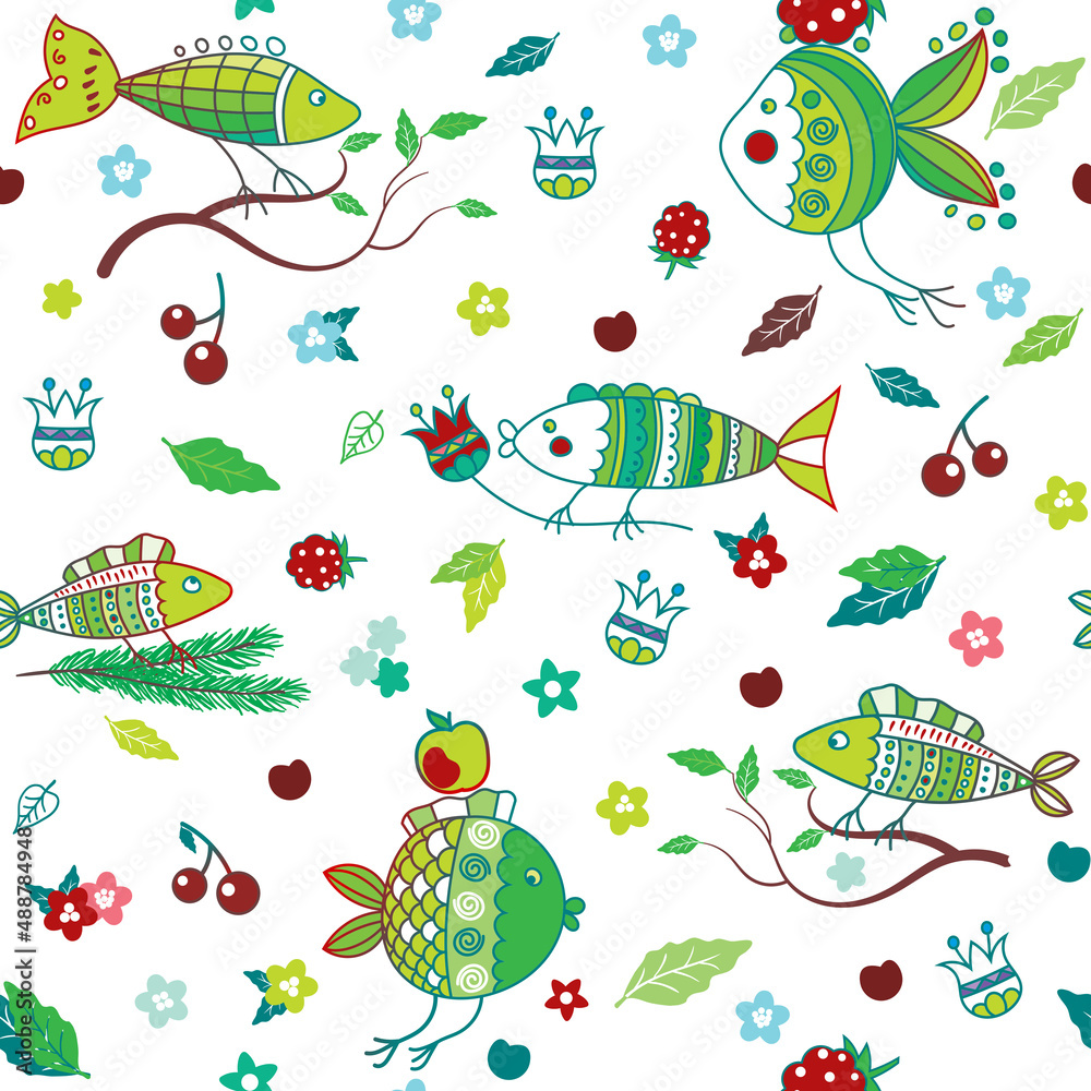 A vector seamless pattern with cute funny colorful fish with bird legs ...