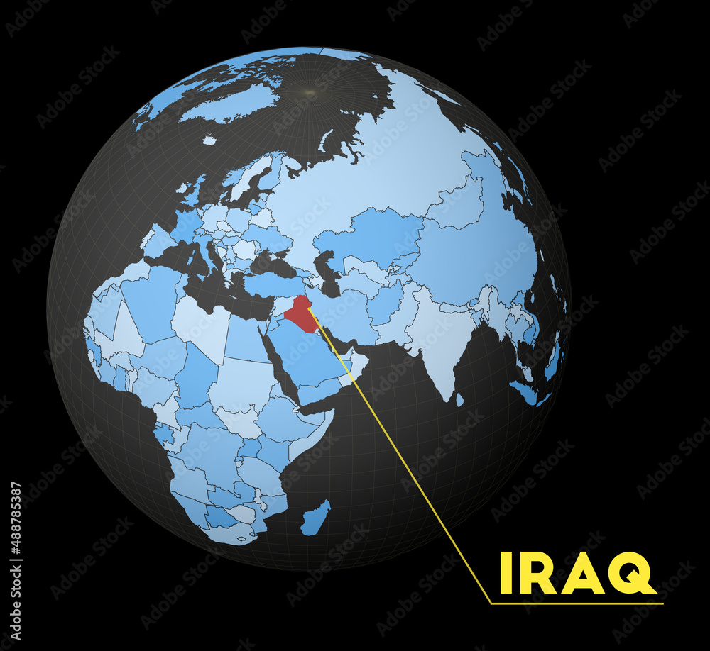 Republic of Iraq on dark globe with blue world map. Red country ...