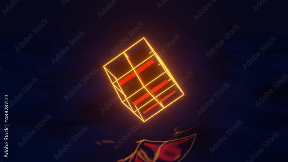 Neon glowing cube in a black space with moving field. Seamless loop ...