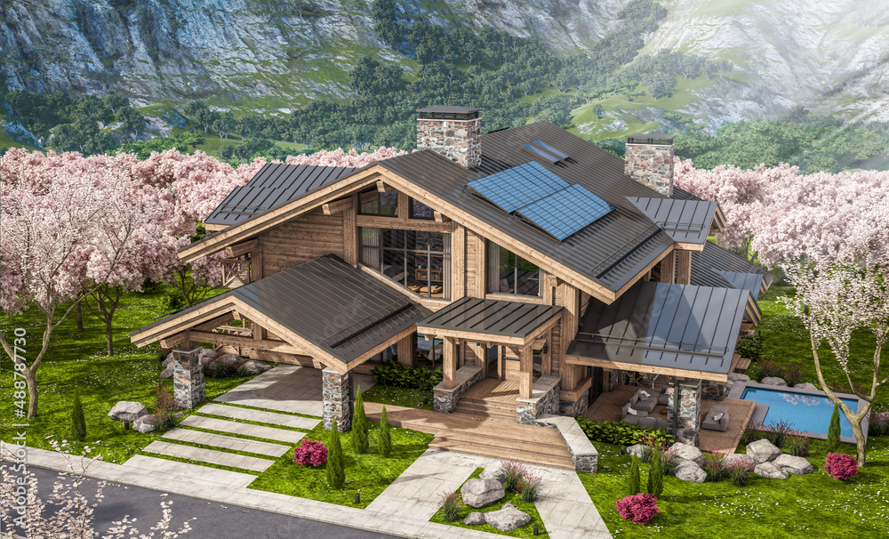 3d rendering of modern cozy chalet with pool and parking for sale or ...