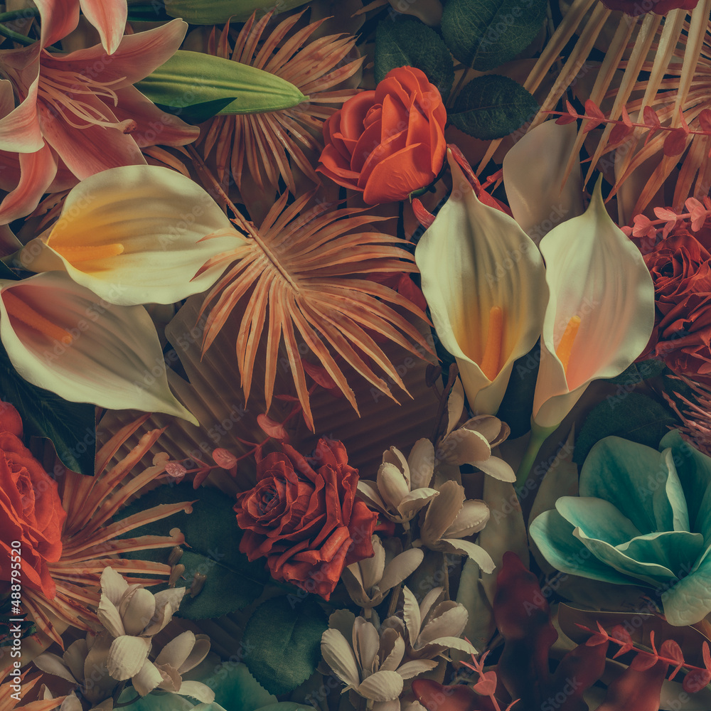 creative pattern made of flowers and leaves lay flat concept nature ...