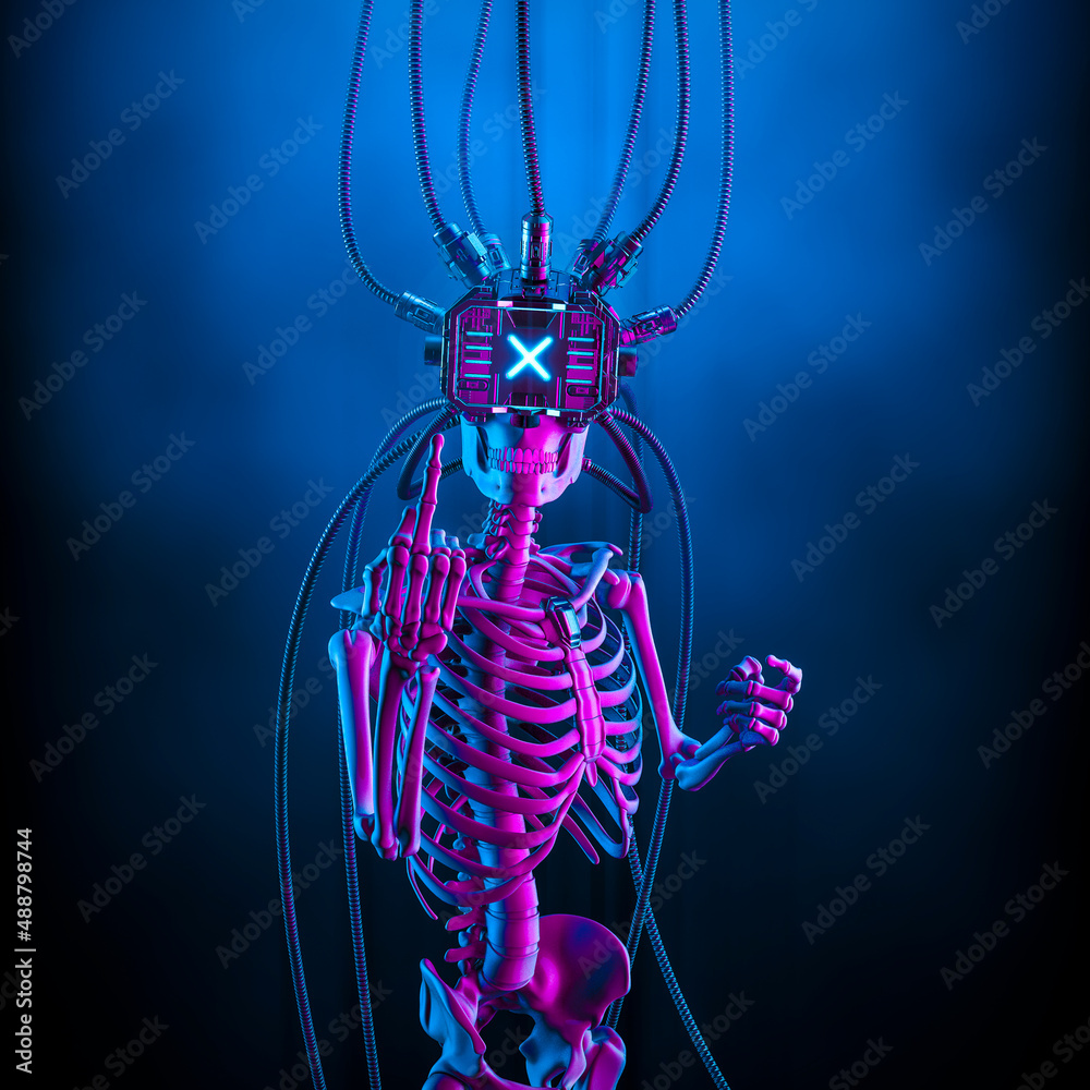 Cyberpunk skeleton middle finger - 3D illustration of science fiction ...