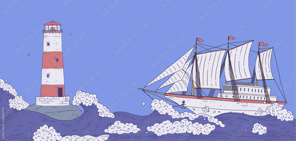 Ship sailboat and lighthouse on rock among stormy sea waves. Landscape ...