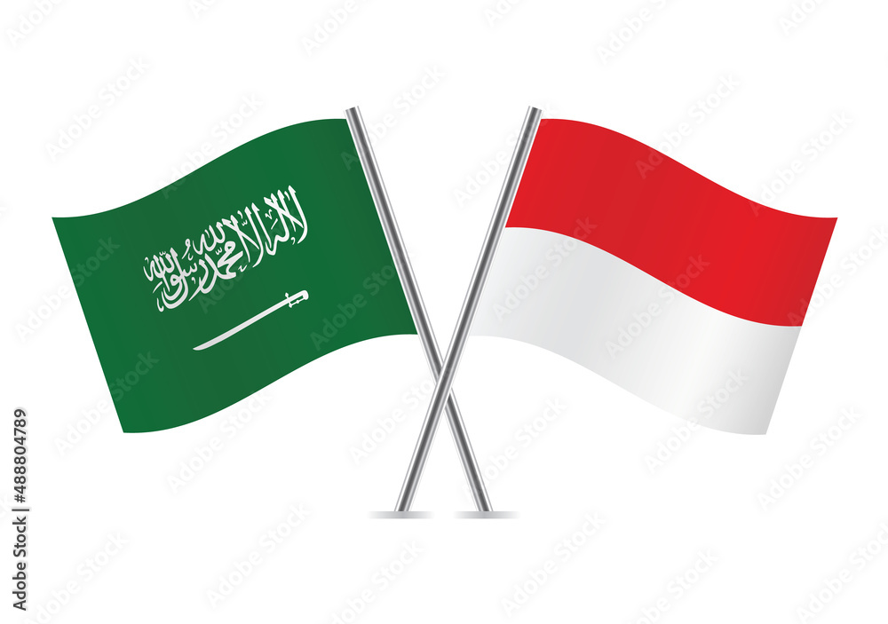 Saudi Arabia and Indonesia crossed flags. Saudi Arabian and Indonesian ...