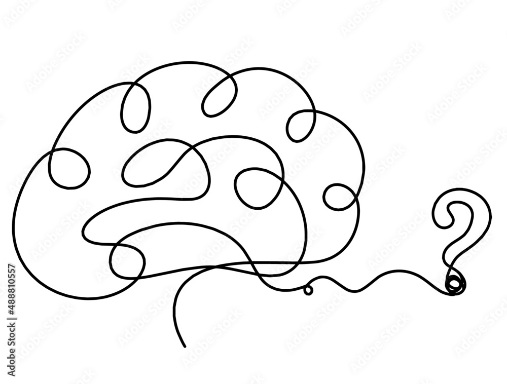 Man silhouette brain with question mark as line drawing on white ...