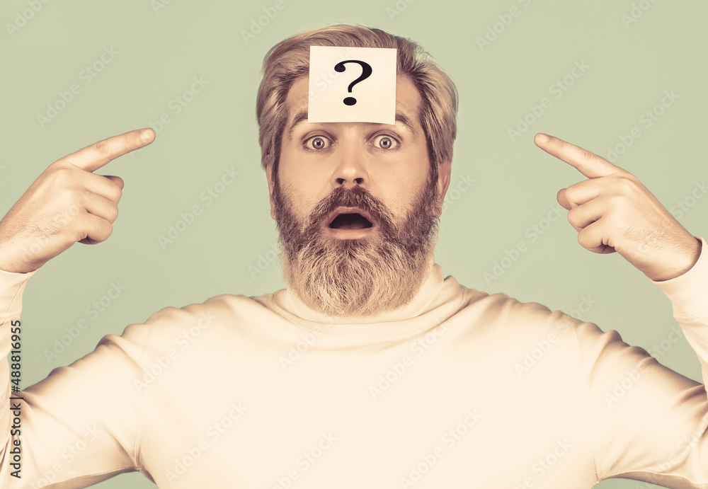Beard man question mark in head, solution problems. Thinking man with ...