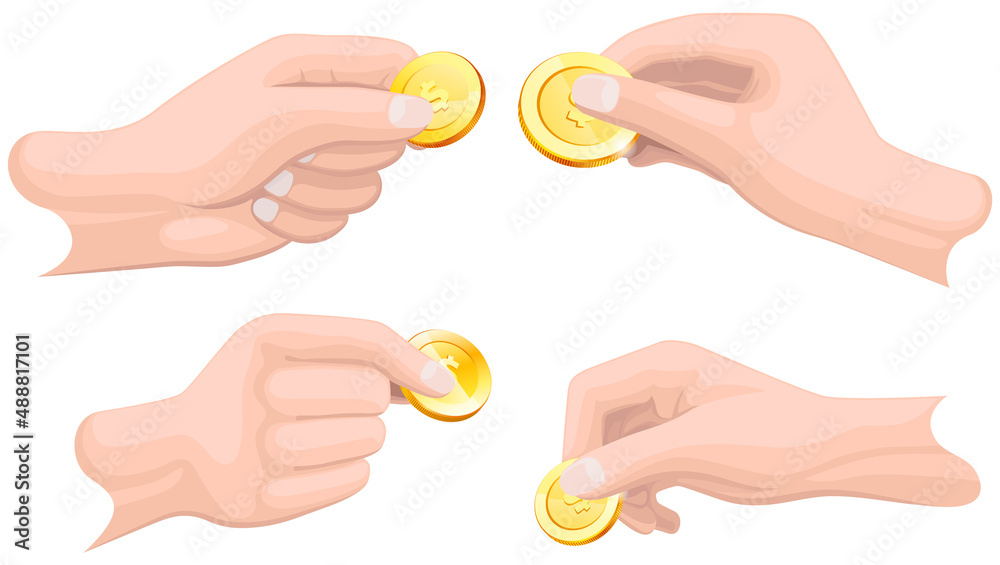 Human hand with coin isolated. Realistic 3d coin. Money donation ...