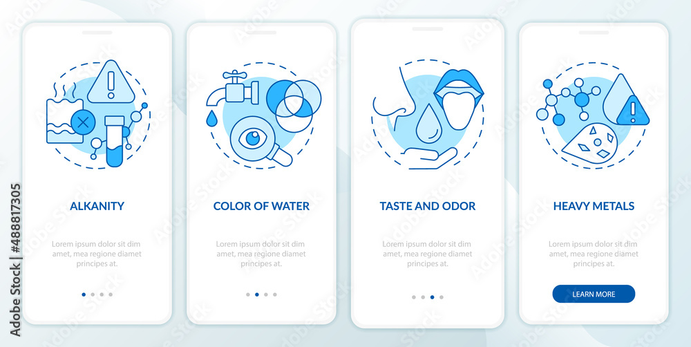 Water quality testing blue onboarding mobile app screen. Heavy metals ...
