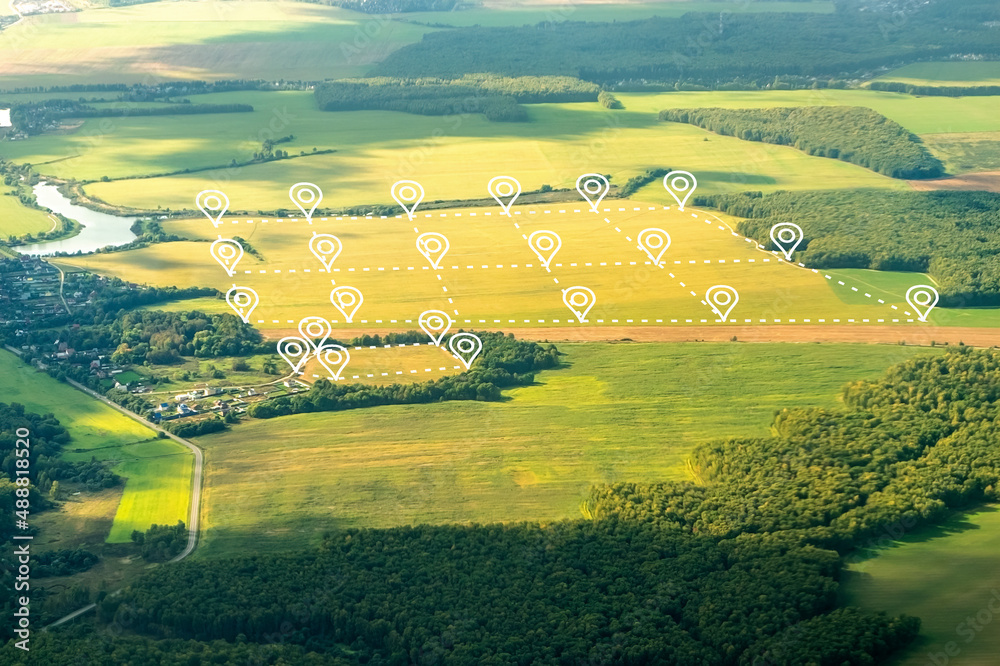 Land plot Consist of aerial view of greenfield, position point and ...