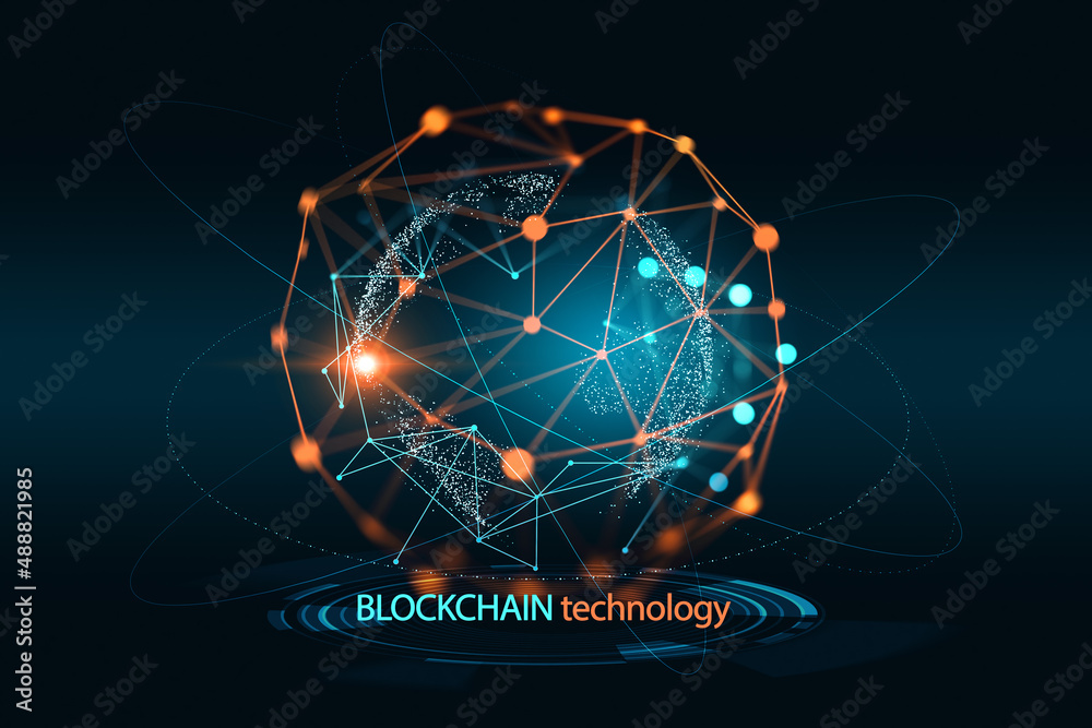 Blockchain hologram illustration. Concept of cryptocurrency and digital money. 3d rendering ...