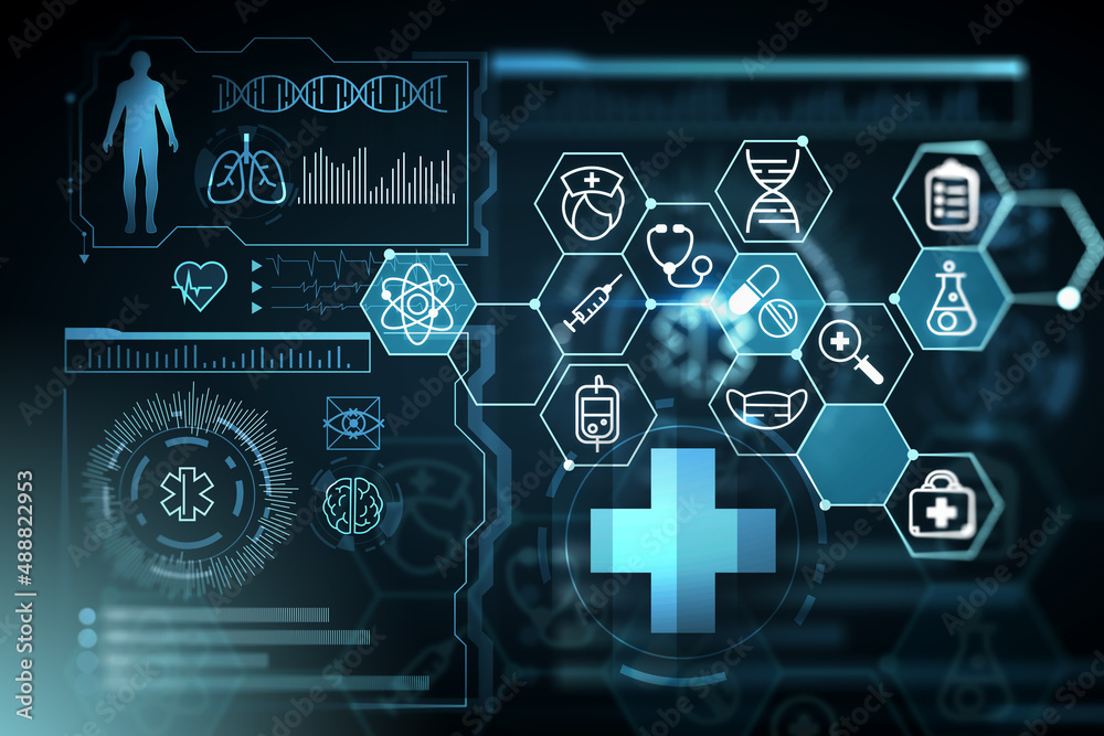 Medical theme hologram drawings. Healthcare concept. 3d rendering ...