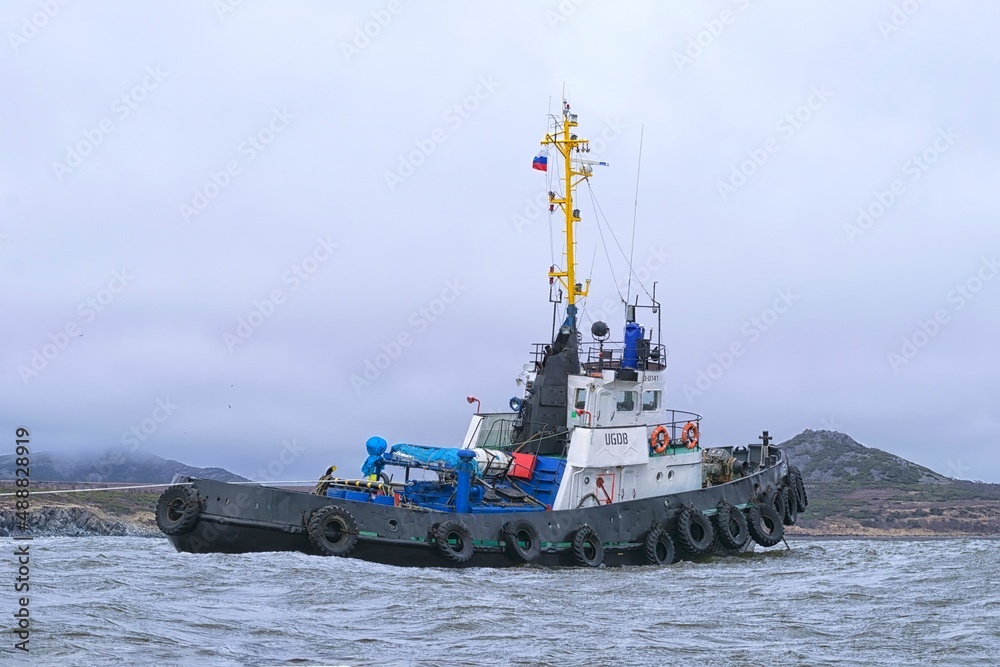 Khabarovsk Krai, Russia - May 26, 2020: Powerful tugboat for towing and ...