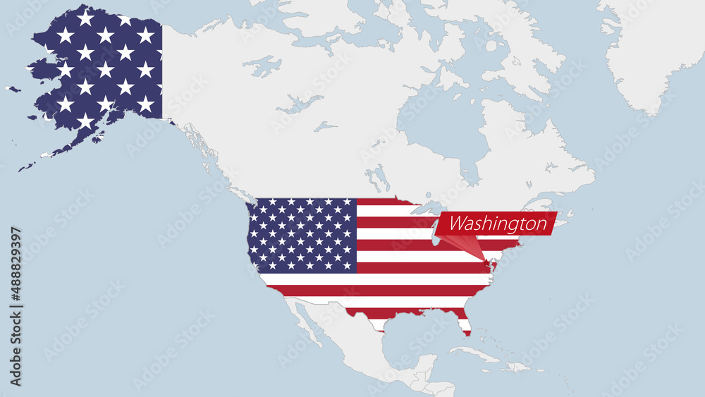 USA map highlighted in United States flag colors and pin of country ...