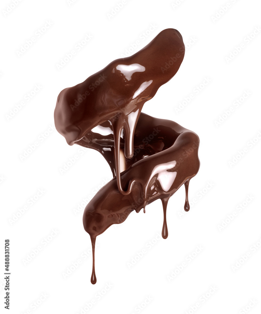 Melted chocolate with dripping drops in a swirling shape, isolated on a ...