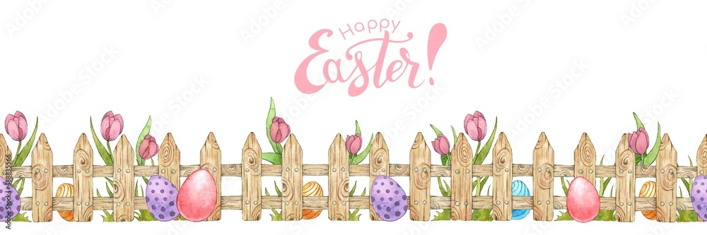 Seamless border with spring easter concept. Watercolor border with ...