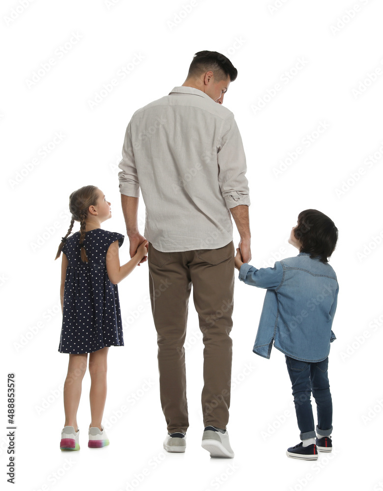Children with their father on white background, back view Stock Photo ...
