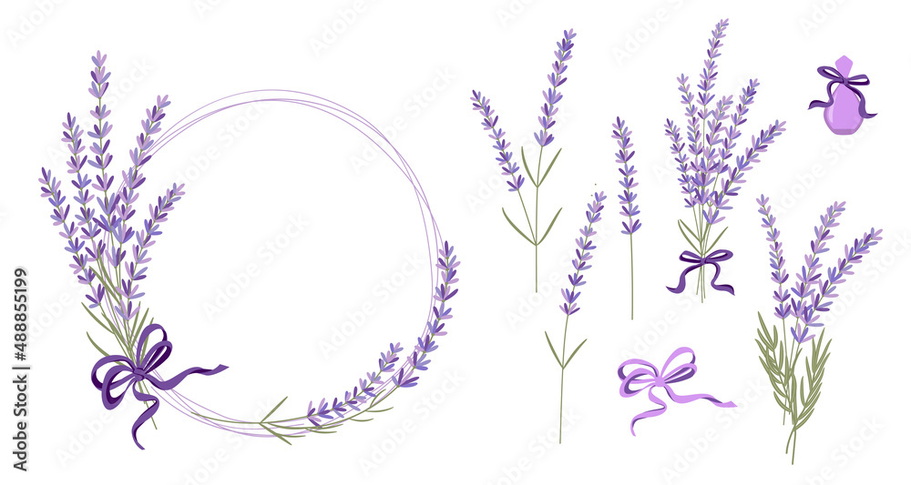 Vector illustration set of lavender flowers, bouquet, wreath and ...