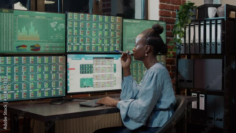 Female trader brainstorming ideas to develop forex stock market in ...