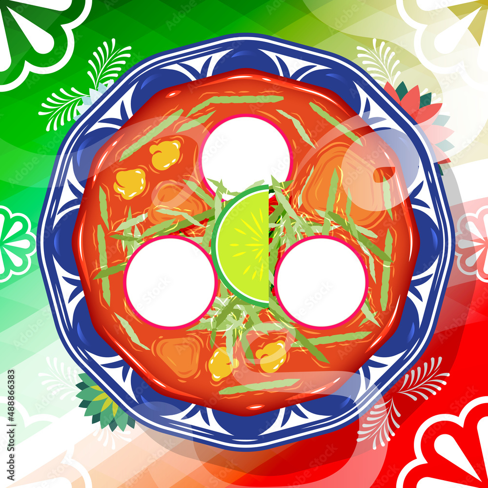 Ilustración de plato de pozole con motivos patrios, celebrando la ...