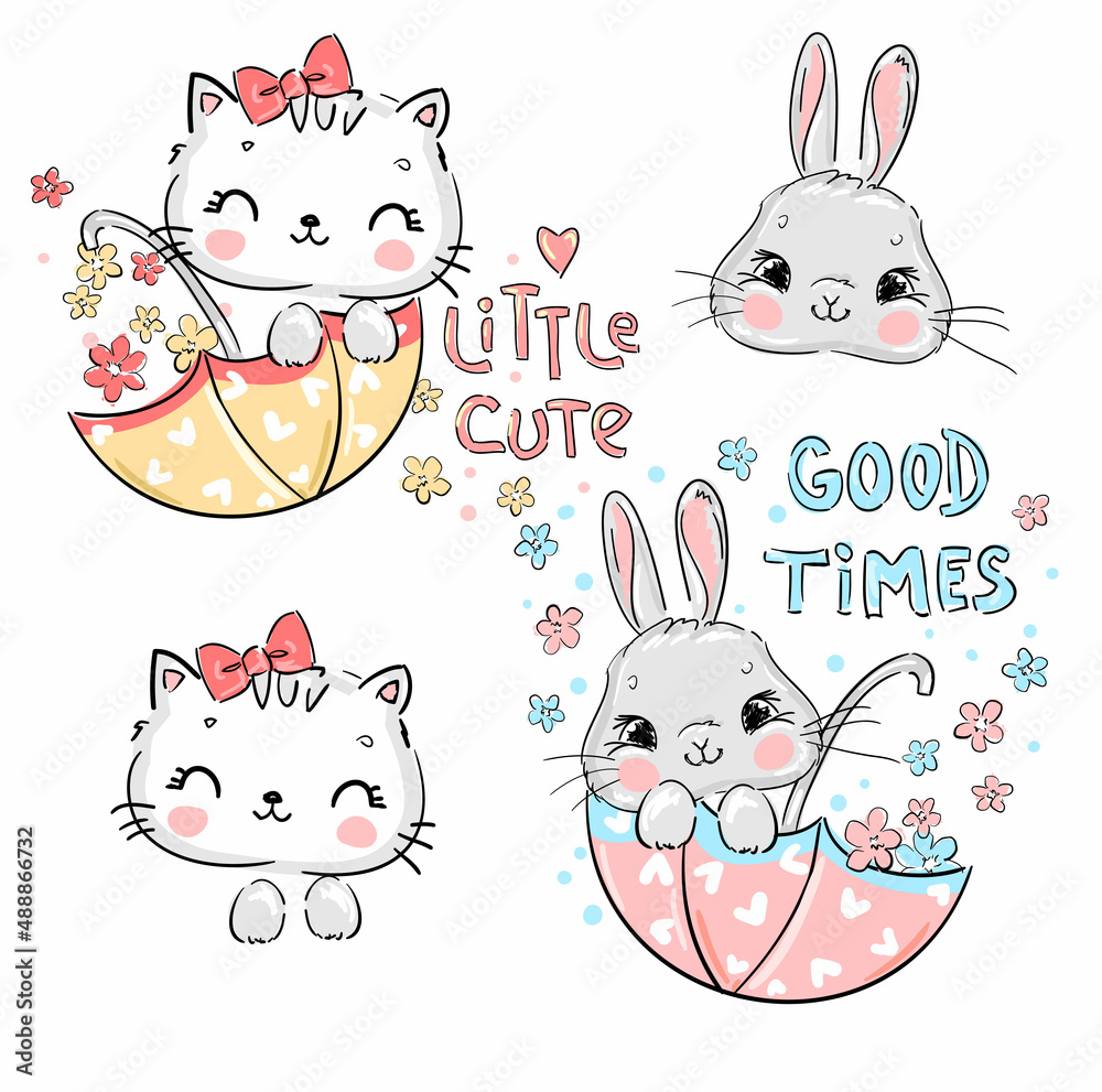 Hand drawn Set Cute funny Cat and Bunny sitting in an umbrella and ...