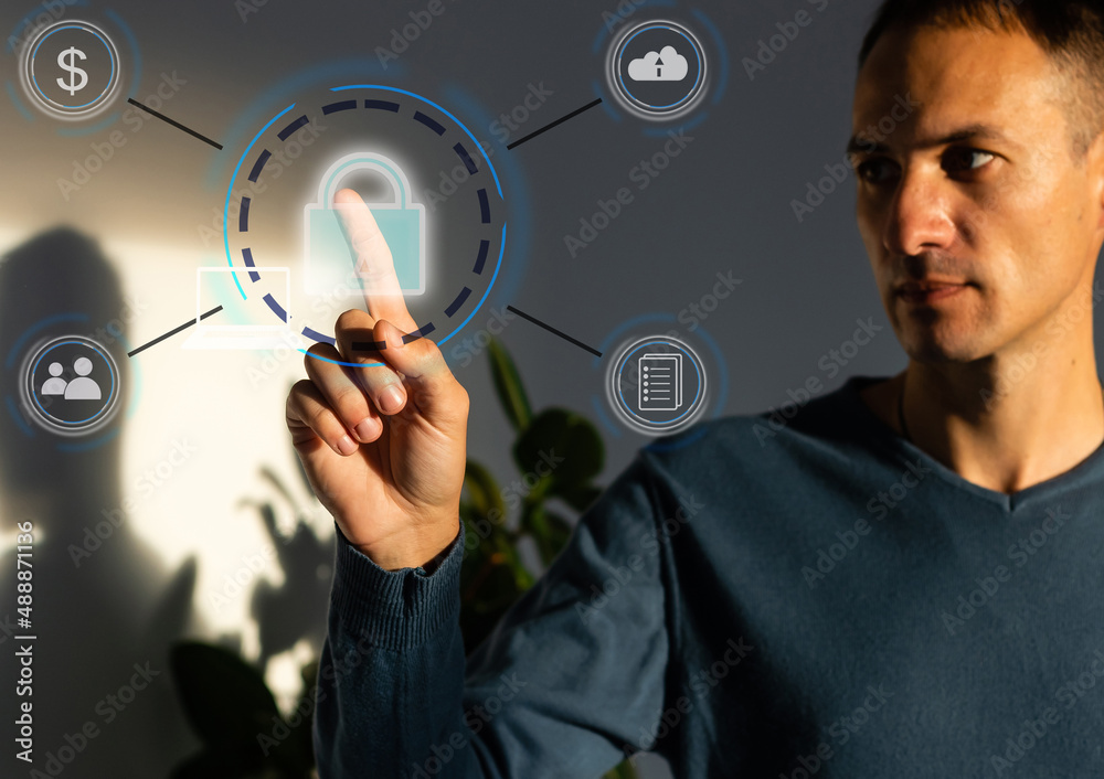 Businessman holds an open padlock icon on his palm.unlocking a virtual ...