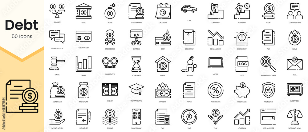 Simple Outline Set of debt icons. Linear style icons pack. Vector ...
