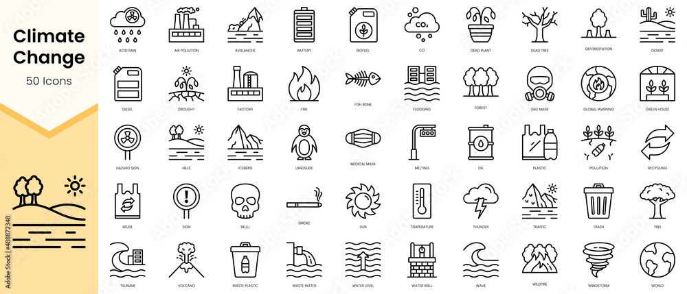 Simple Outline Set of climate change icons. Linear style icons pack ...