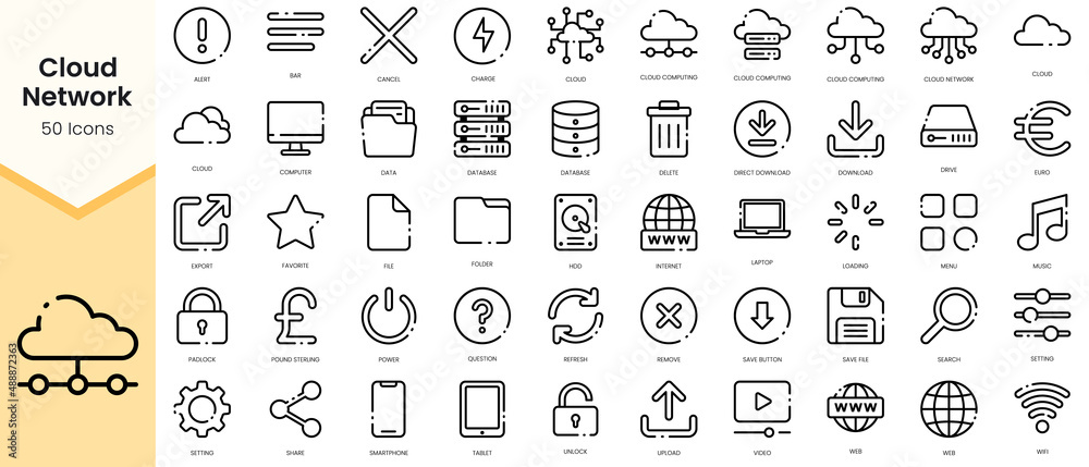 Simple Outline Set of cloud network icons. Linear style icons pack ...