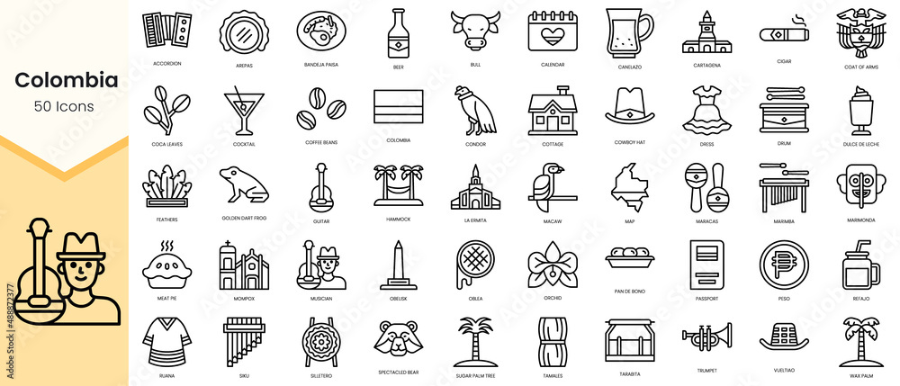 Simple Outline Set of colombia icons. Linear style icons pack. Vector ...